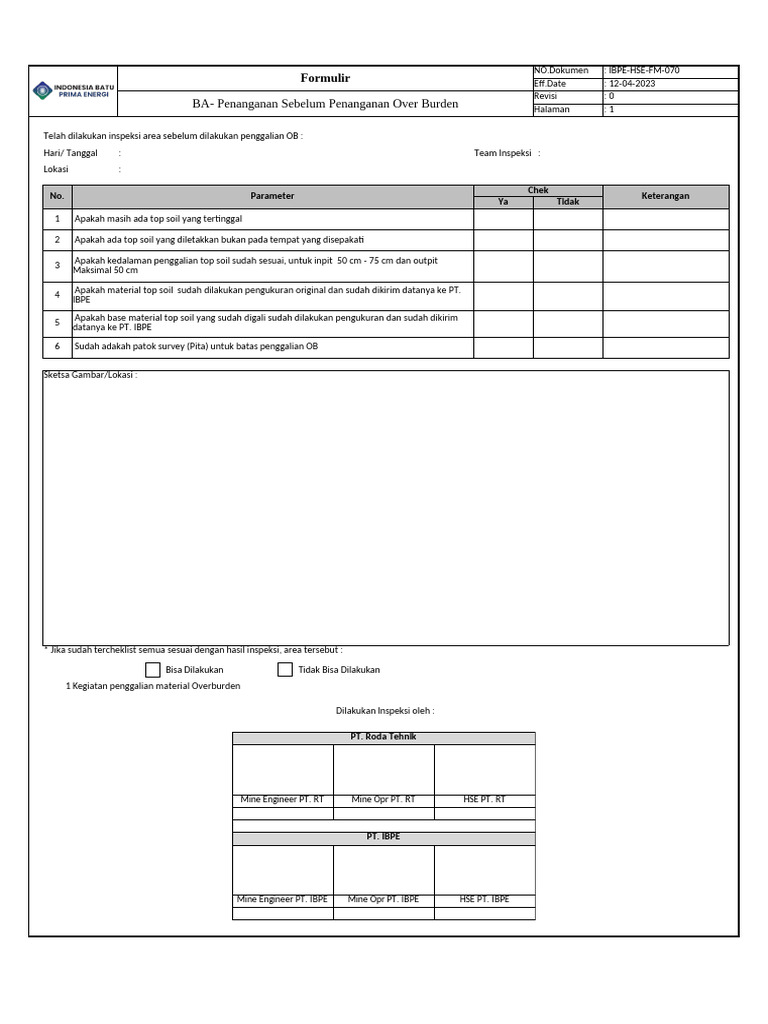 FM-IBPE-HSE-069 Inspeksi Sebelum Penanganan OB | PDF
