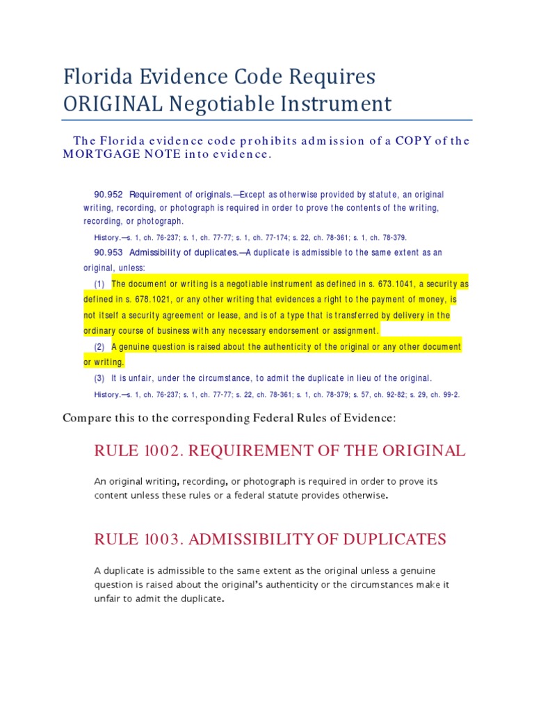 Florida Evidence Code Requires ORIGINAL Negotiable Instrument ...