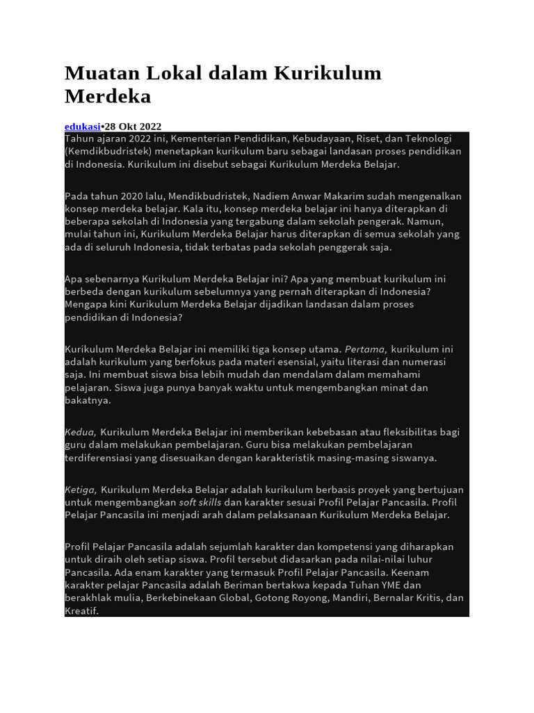 Muatan Lokal dalam Kurikulum Merdeka | PDF