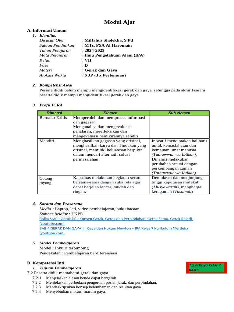 Modul Ajar IPA GERAK DAN GAYA | PDF