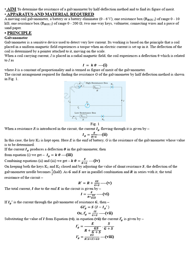 To Determine The Resistance of A Galvanometer by Half-Deflection Method and To Find Its Figur ...