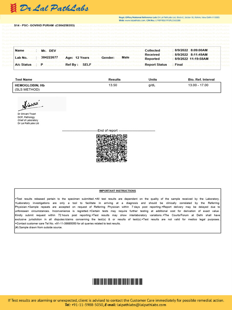Dr. Lal PathLabs Test Report Summary | PDF | Medicine