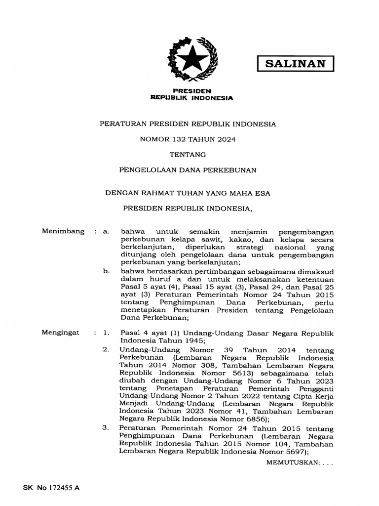 Perpres 132 - 2024 Badan Pengelola Dana Perkebunan | PDF