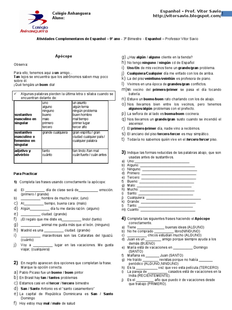 Apócope en Español: Ejercicios Prácticos | PDF | Morfología Lingüística