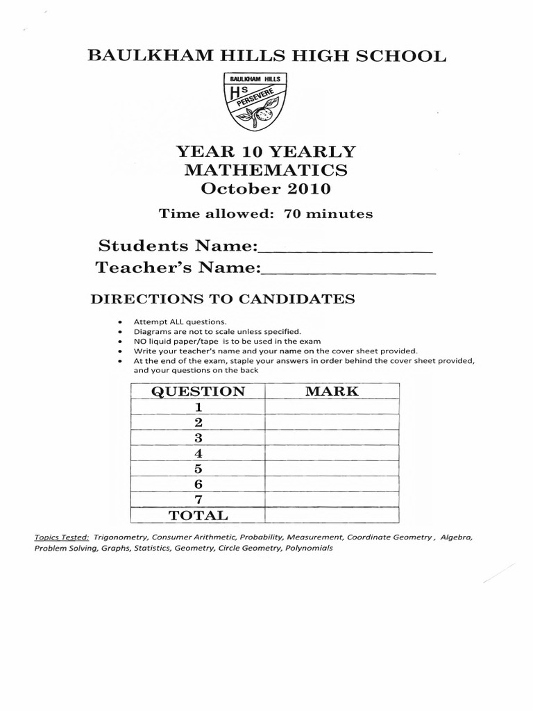 Year 10 Math Exam - Baulkham Hills HS | PDF | Mathematics