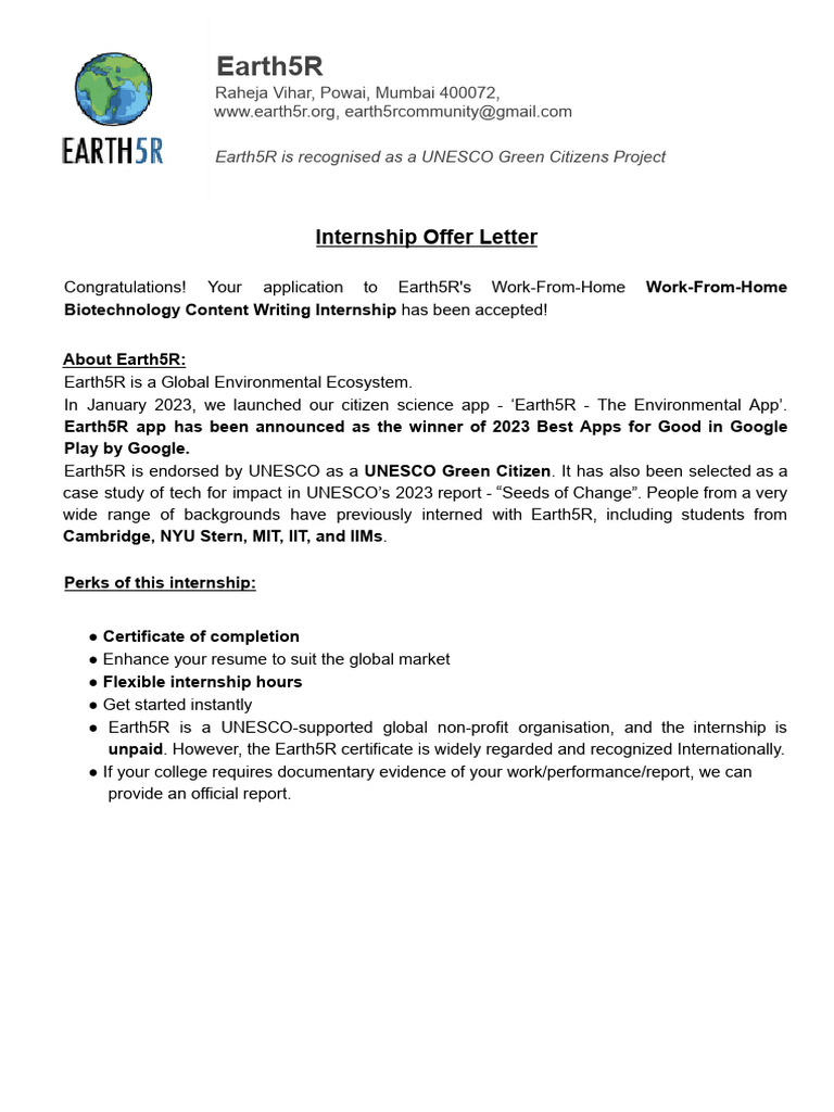 Earth5R Biotechnology Content Writing Internship Offer Letter | PDF | Biotechnology | Economy ...
