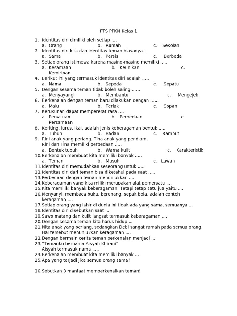 PTS PPKN Kelas 1 | PDF