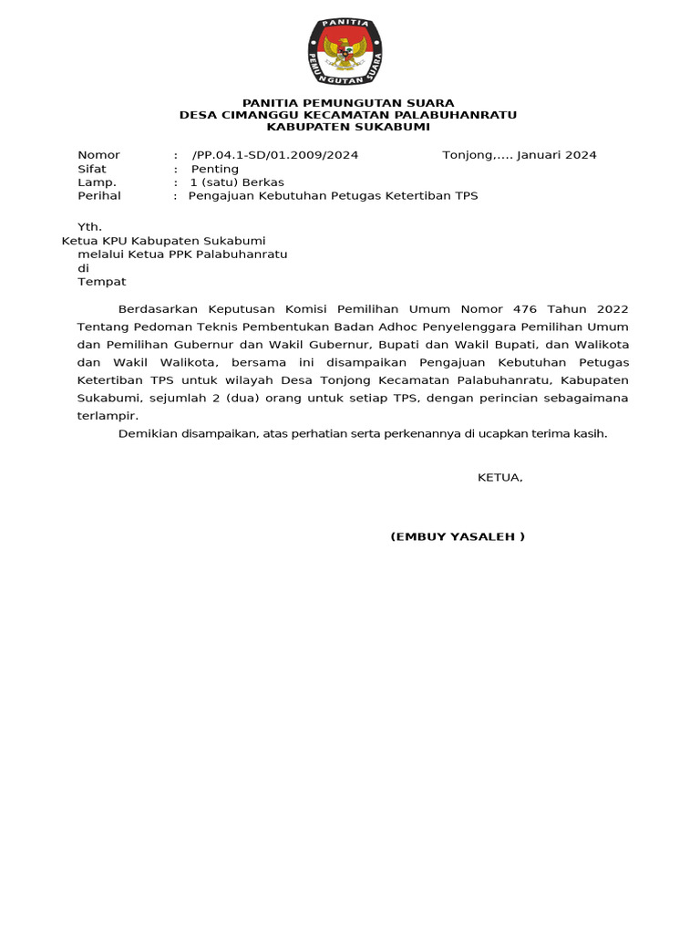 SURAT PENGAJUAN NAMA PETUGAS KETERTIBAN TPS PILKADA 2024 - Tonjong | PDF