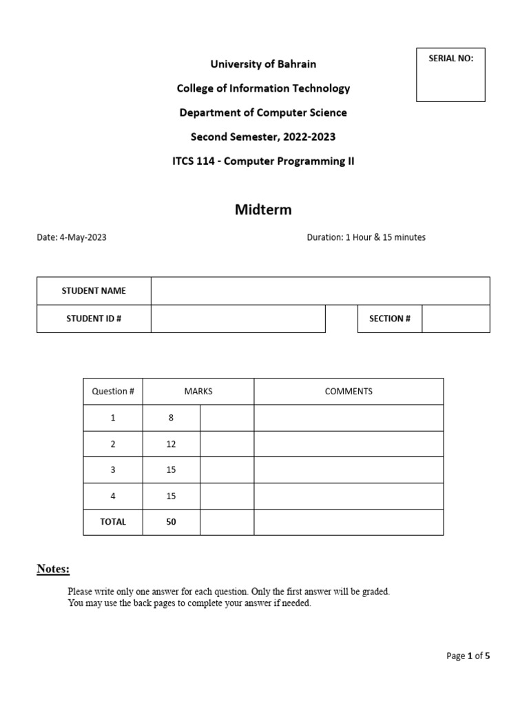 ITCS114 Midterm Sem2 2022 2023 Key Answer | PDF | Computing | Computer Programming