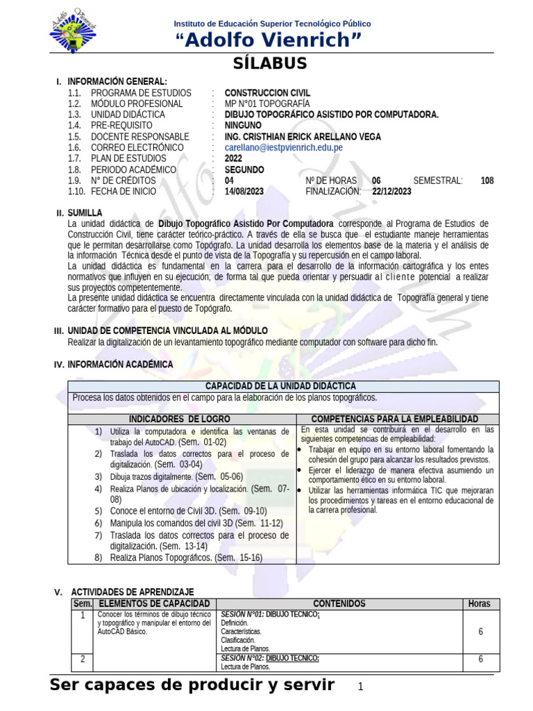 Silabus Dibujo Topografico Asistido Por Computadora 2023 2 | PDF | Cad automático | Evaluación