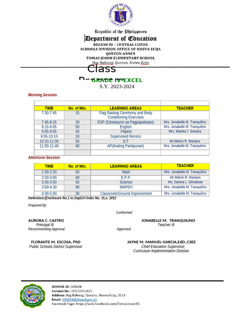 Class Program Grade 4 2022 2023 | PDF | Teachers | Learning