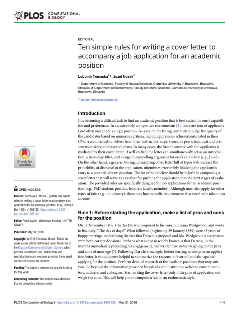 Ten Simple Rules For Writing A Cover Letter To Accompany A Job ...