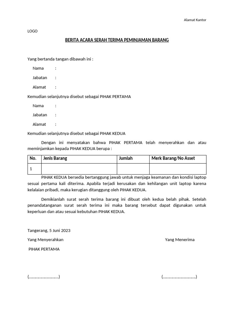 Berita Acara Serah Terima Barang | PDF