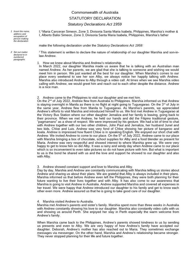 Statutory Declaration of Marshia's Parents | PDF | Justice Of The Peace ...