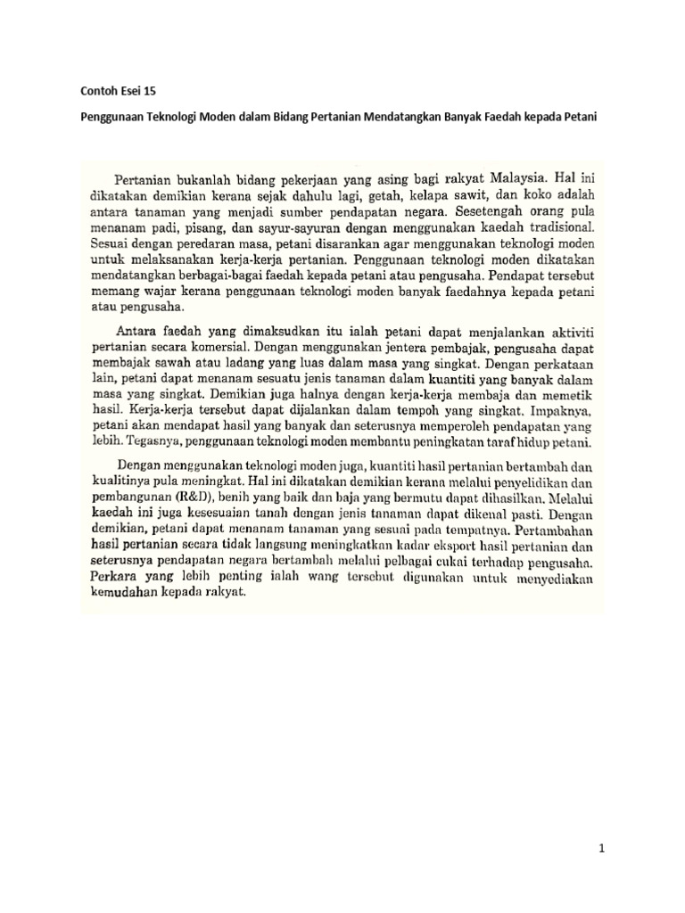Contoh Esei 15 Penggunaan Teknologi Moden Dalam Bidang Pertanian | PDF