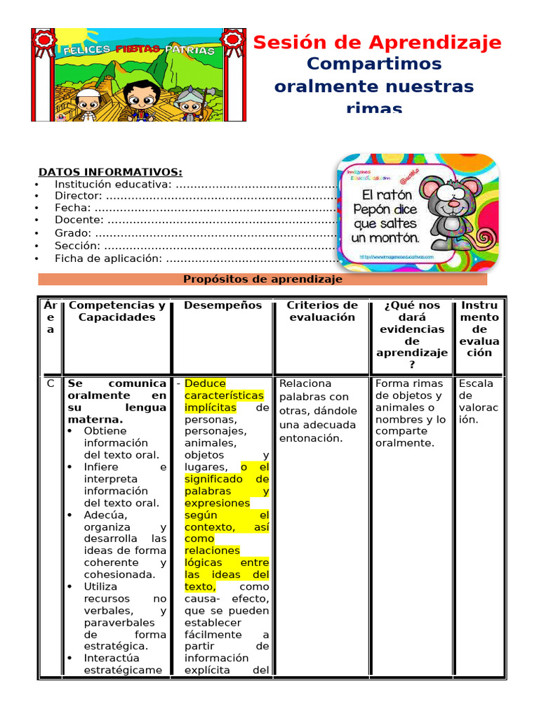 1° Sesión Día 1 Com Compartimos Oralmente Nuestras Rimas Unidad 5 ...