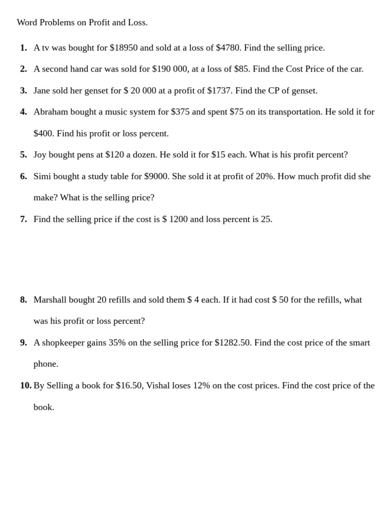 Class 5 Profit and Loss Word Problems | PDF