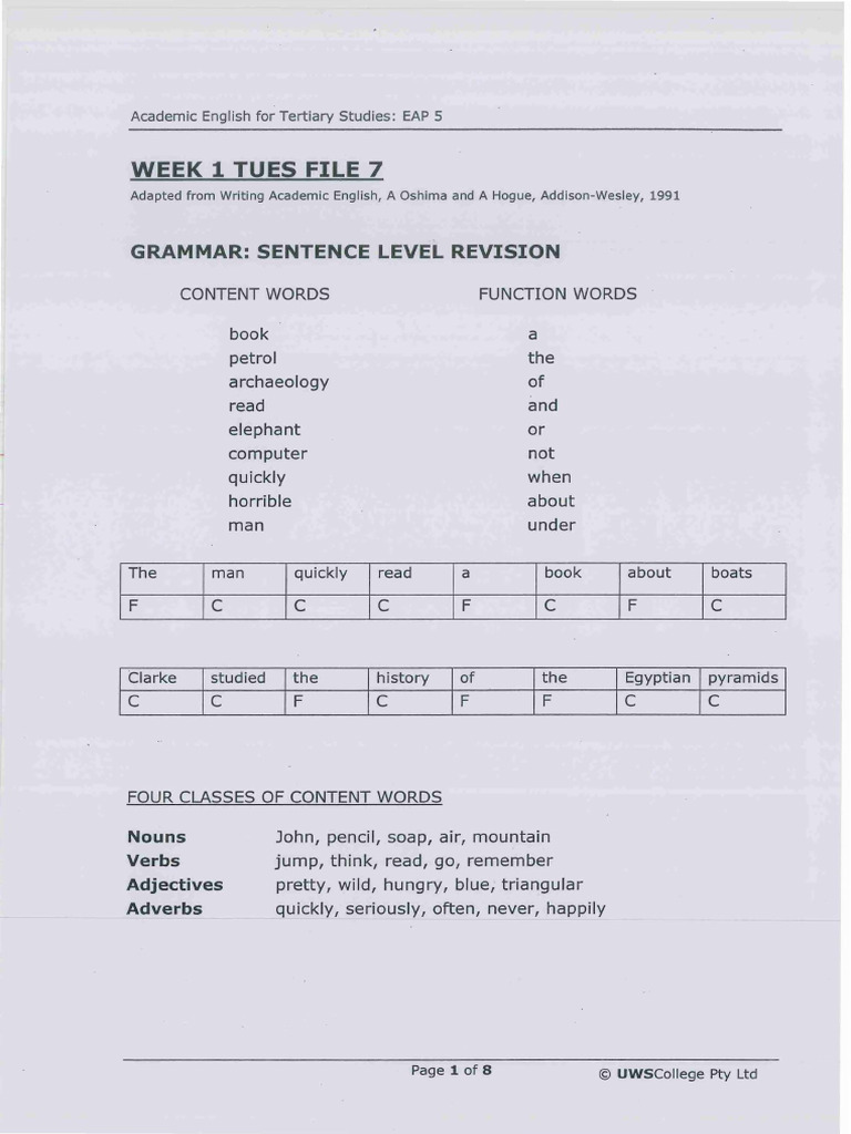 EAP5 Week 1 Tue F7 Student Copy - Grammar Sentence Level Revision | PDF | Noun | Adjective