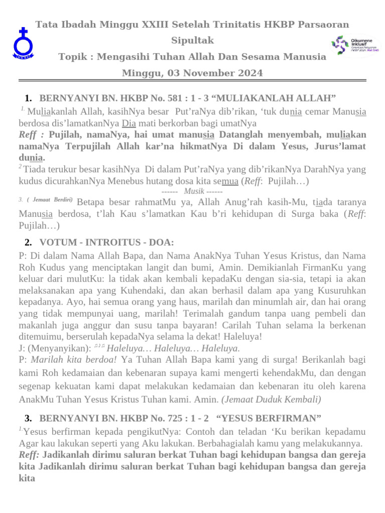 Tata Ibadah Minggu XXIII Setelah Trinitatis 3 November 2024 | PDF