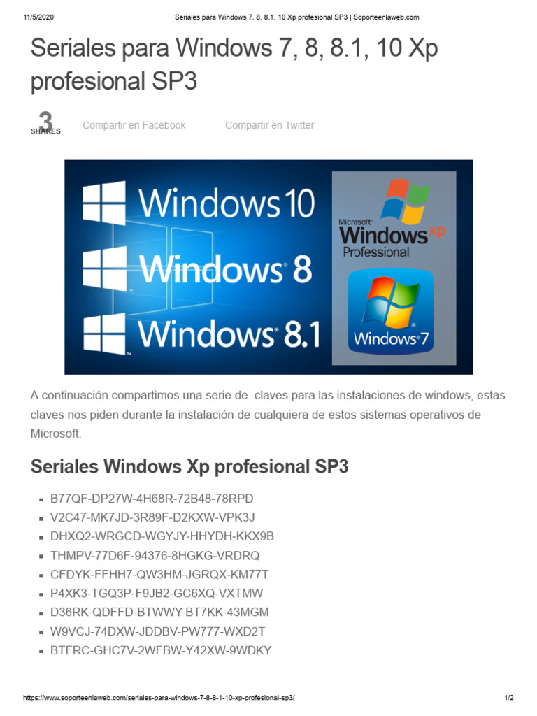 Seriales para Windows 7, 8, 8.1, 10 XP Profesional SP3 | PDF