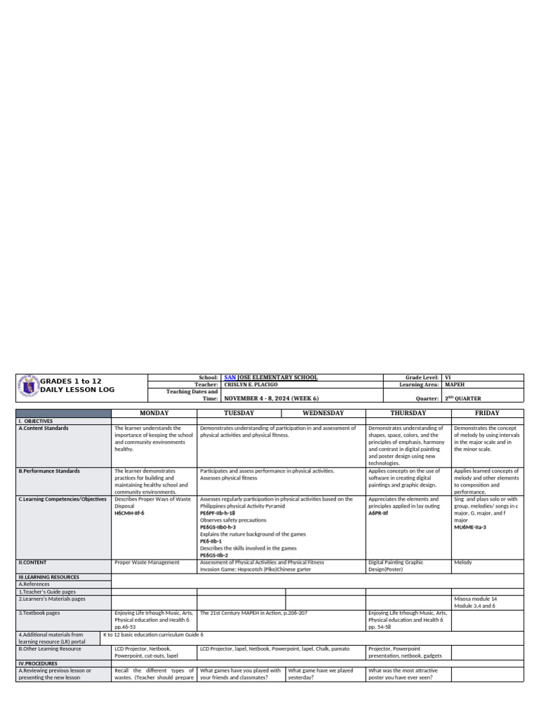 DLL - Mapeh 6 - Q2 - W6 | PDF | Waste Management | Waste