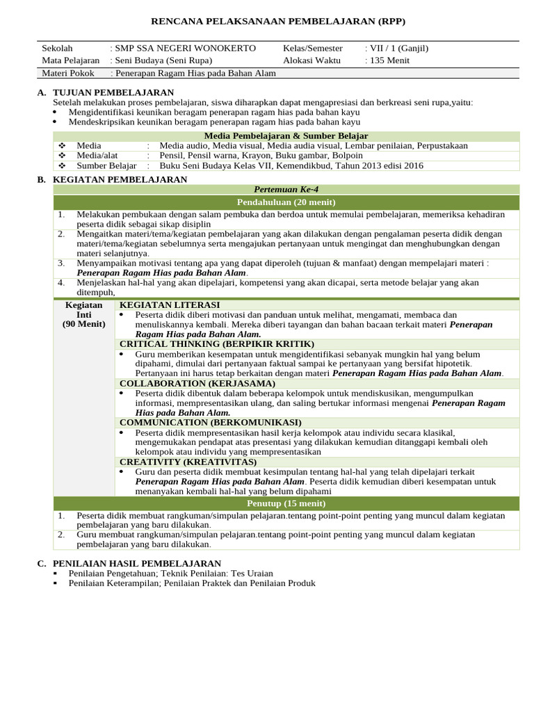 RPP Seni Budaya Seni Rupa Kelas Vii 4 | PDF