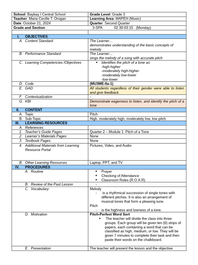 G3 MUSIC Q2W1 Lesson Plan | PDF | Pitch (Music) | Learning