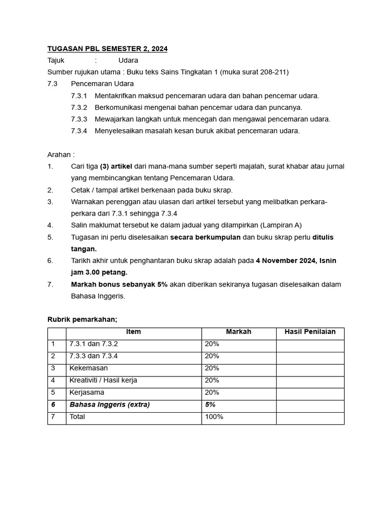 PBL Form 1 Sem 2 2024 | PDF