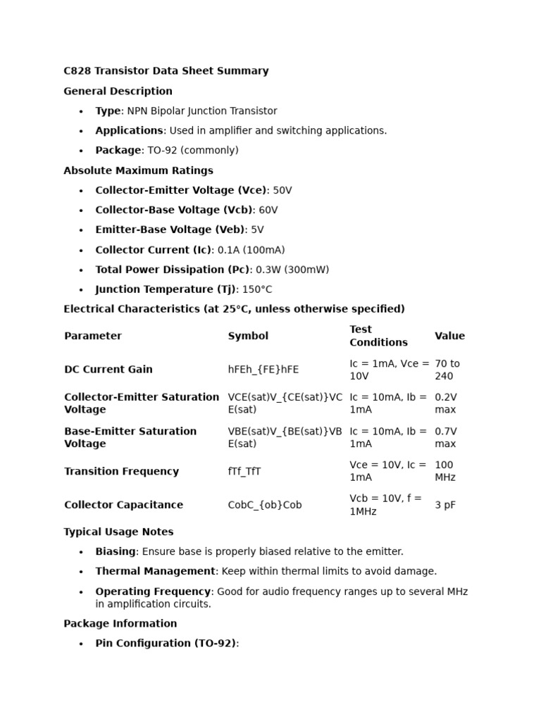 C828 Transistor Data Sheet Summary | PDF | Science & Mathematics ...