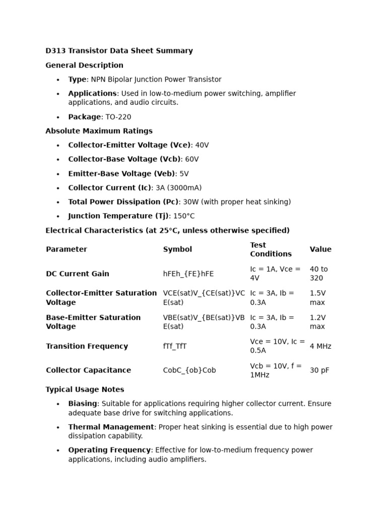 D313 Transistor Data Sheet Summary | PDF