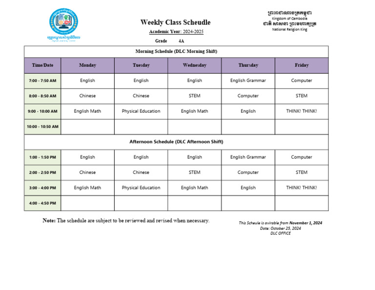 Grade 4A Weekly Class Schedule 2024-2025 | PDF
