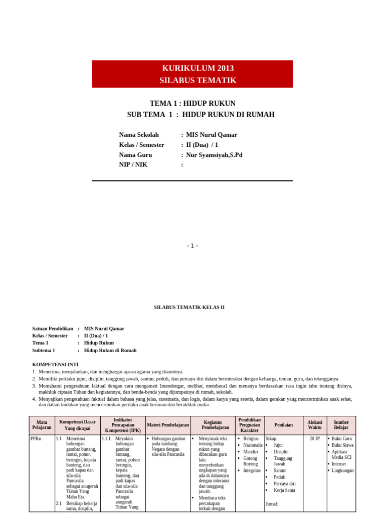 2.1. SILABUS TEMA 1 - Hidup Rukun | PDF