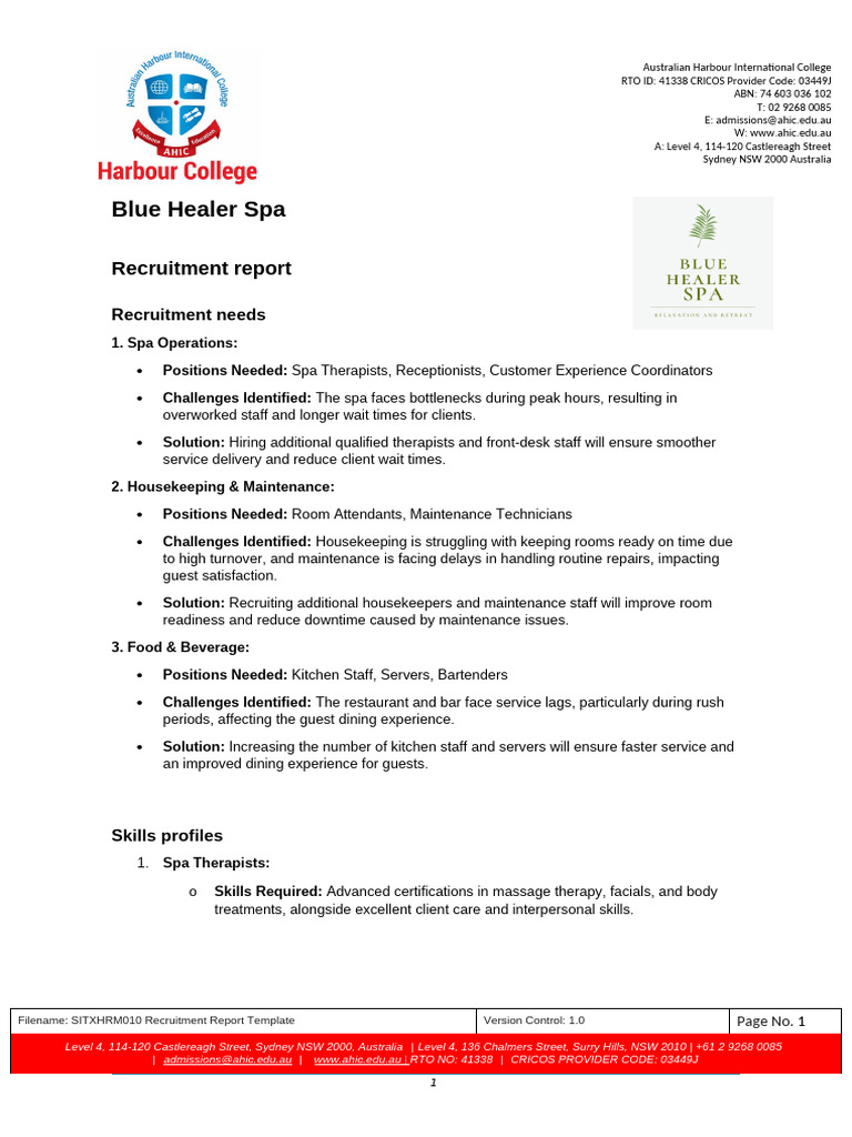 Blue Healer Spa Recruitment Report | PDF | Recruitment | Employment