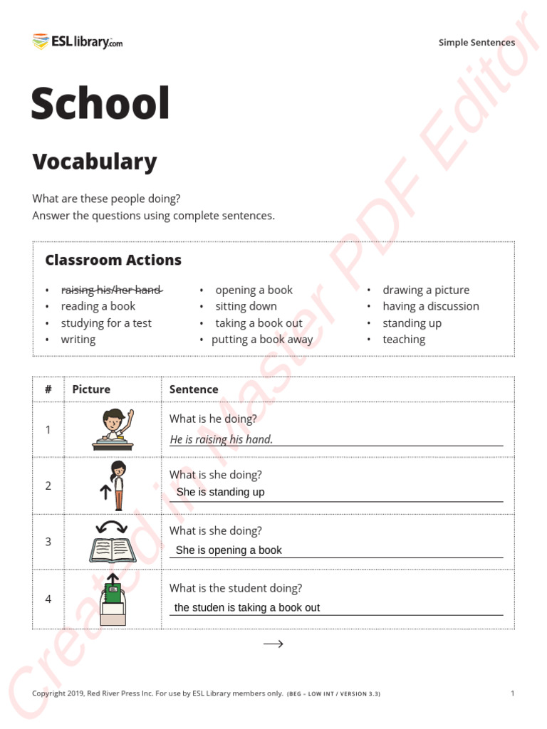 School - Simple Sentences - ESL Library | PDF