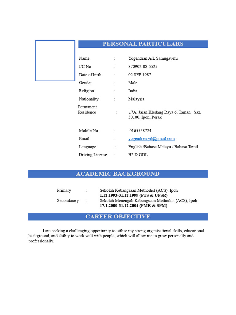 Personal Particulars: 1.12.1993-31.12.1999 (PTS & UPSR) 17.1.2000-31.12 ...