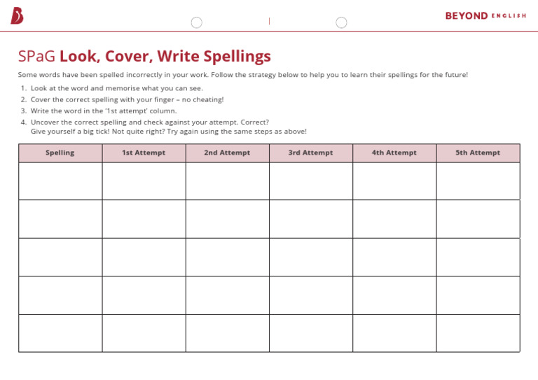Look Cover Write Spellings Worksheet | PDF