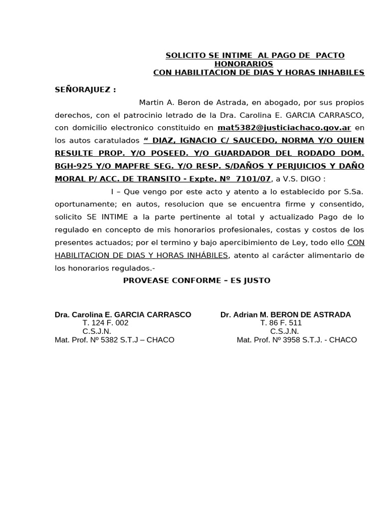 Solicito Se Intime Al Pago de Honorarios Profesionales | PDF | Derecho