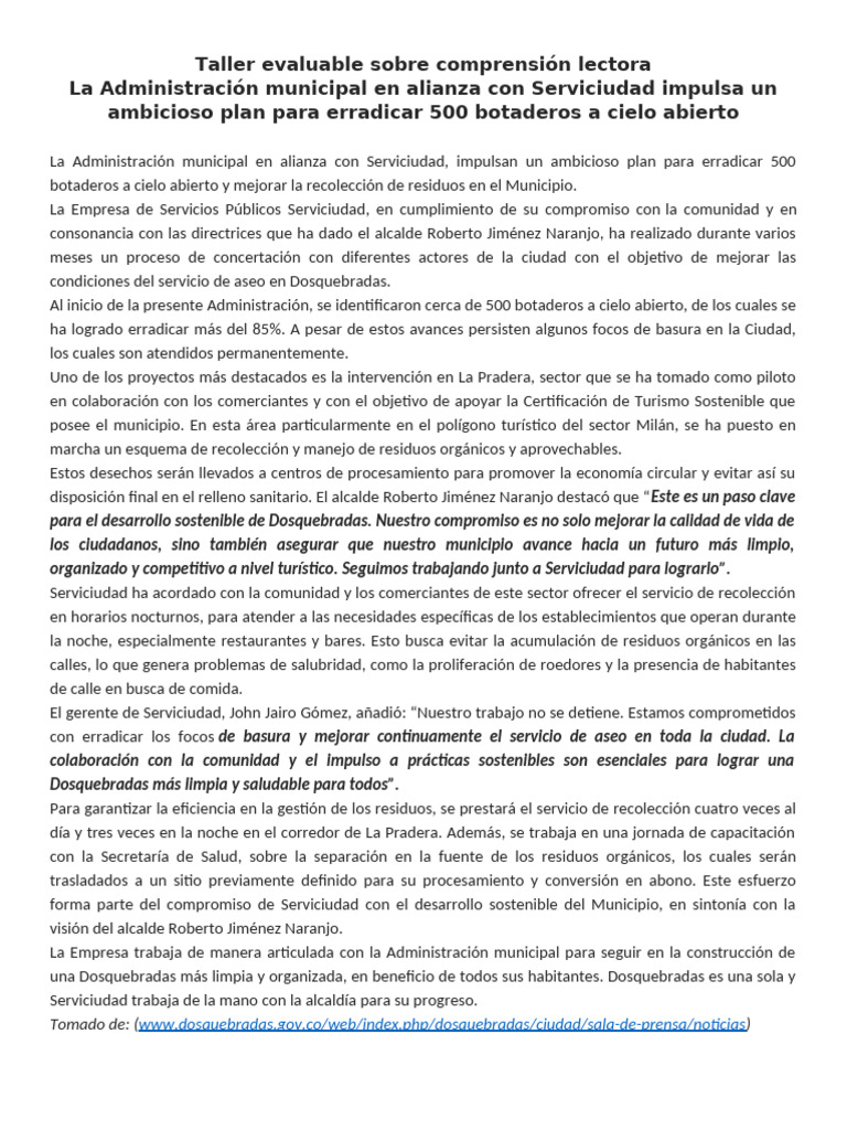 Taller Evaluable Sobre Comprensión Lectora | PDF | Residuos | Economias