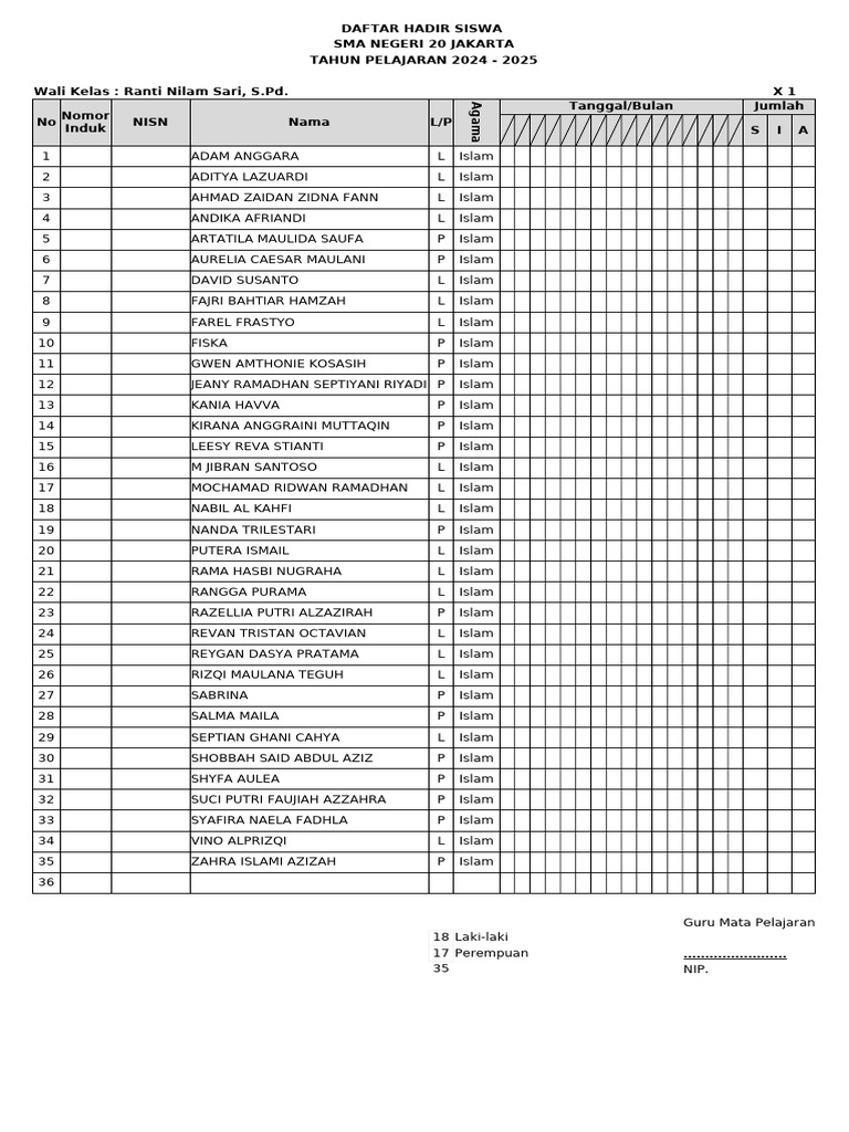 Format Absen Siswa Ganjil 2024-2025 | PDF