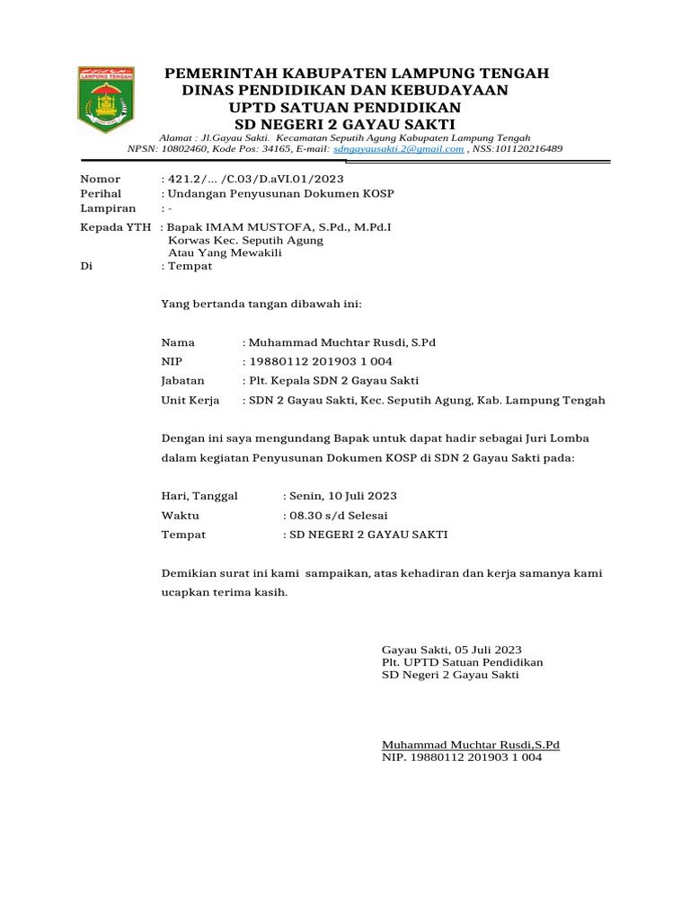 Undangan Juri Lomba KOSP SDN 2 | PDF