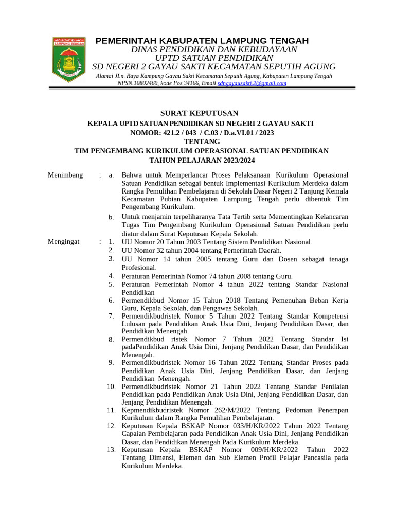 Tim Pengembang Kurikulum SDN 2 Gayau Sakti | PDF