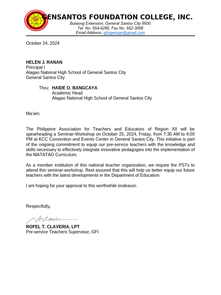 Letter For PAFTE Seminar | PDF | Human Communication | Philippines