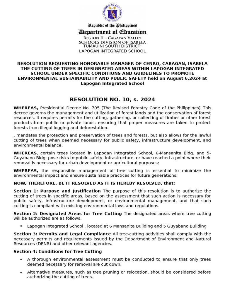 Tree Cutting Resolution at Lapogan School | PDF | Natural Resource ...
