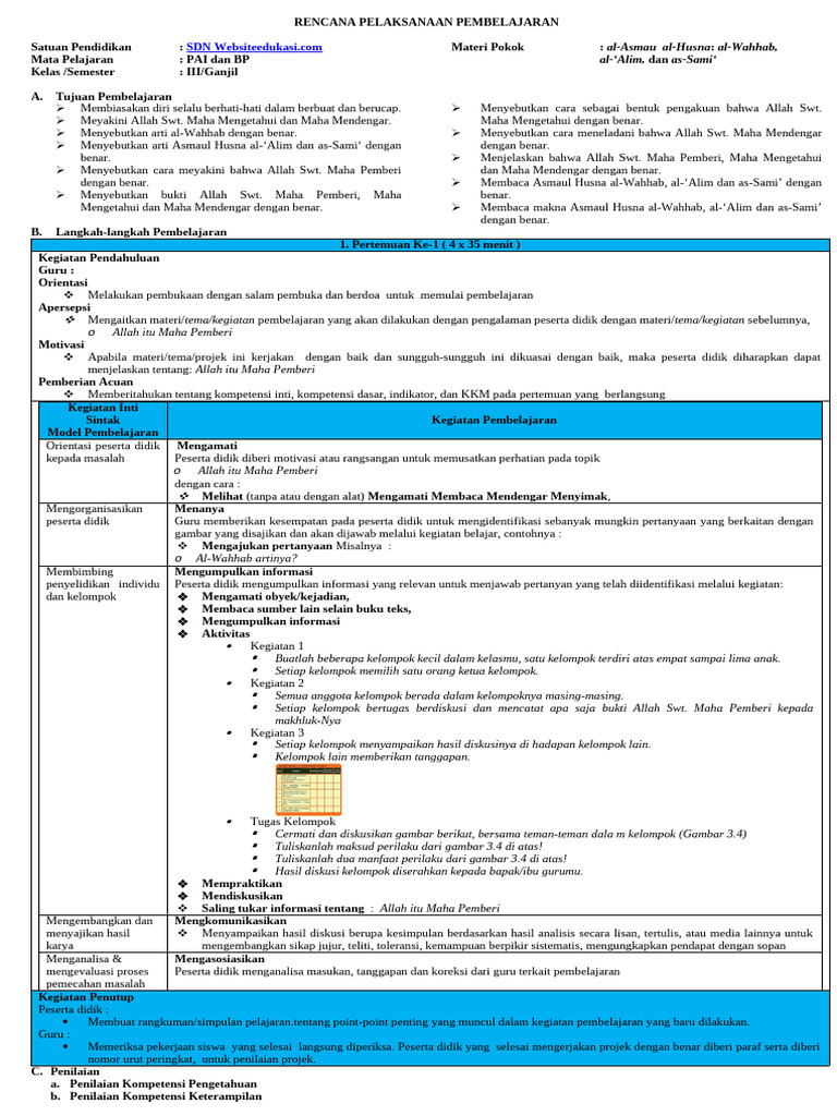 RPP PAI Kelas 3 K 13pertemuan 1 | PDF