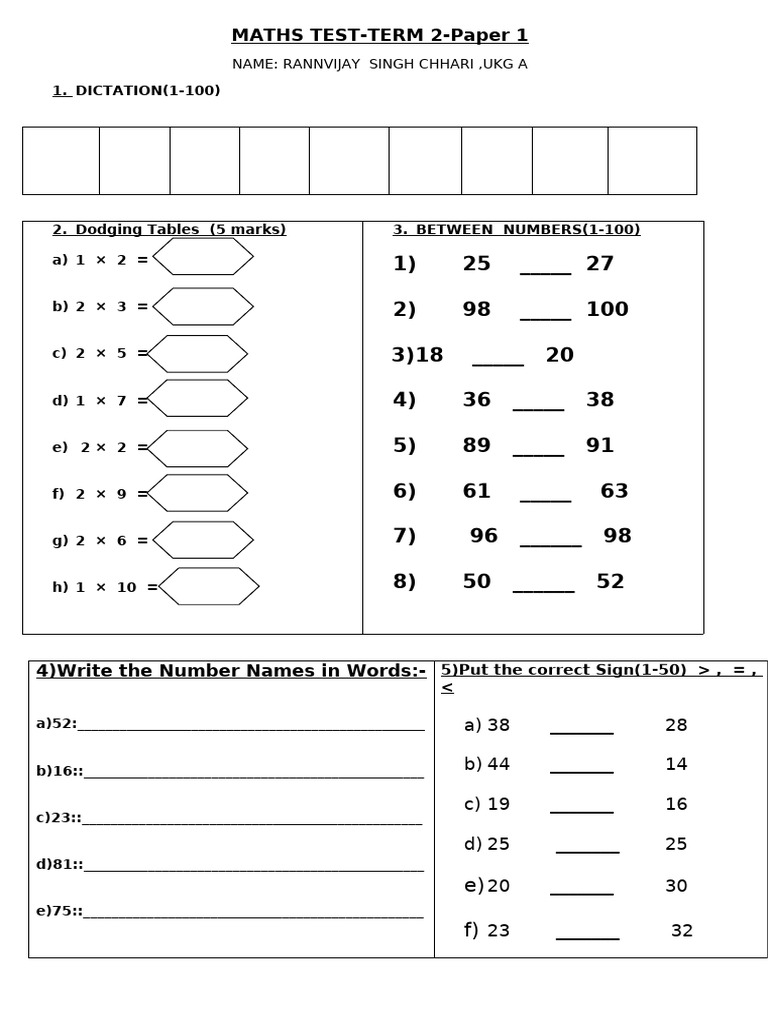 UKG Term 2 Maths Test Paper | PDF