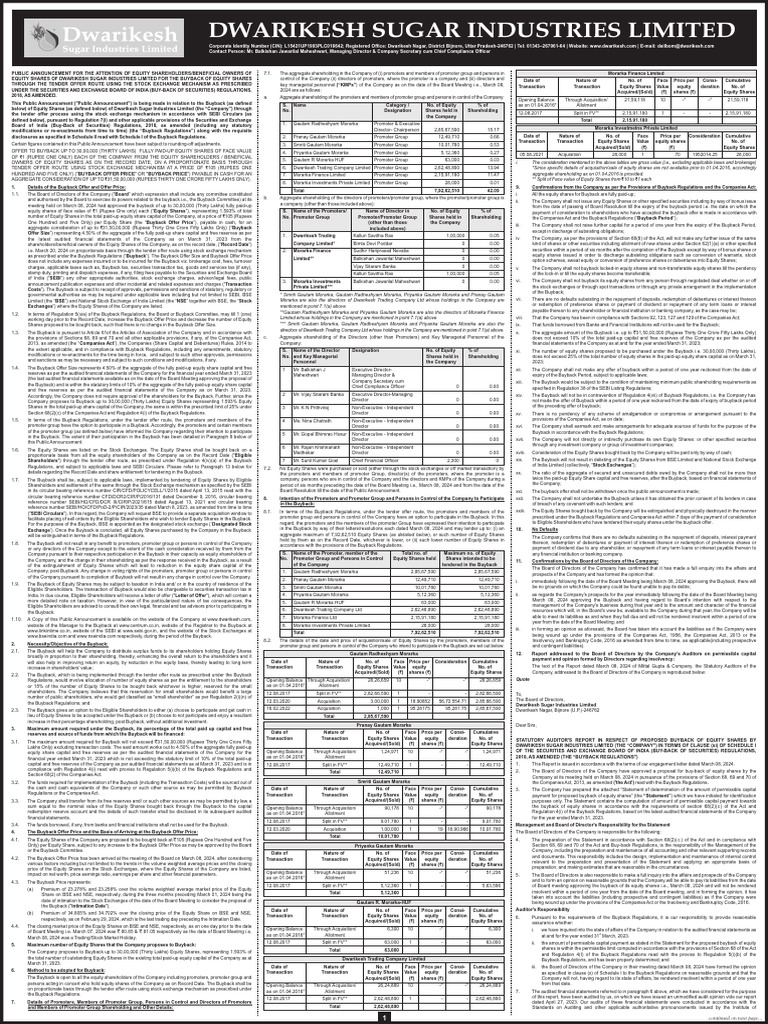 Dwarikesh Sugar Industries PA P | PDF | Share Repurchase | Equity (Finance)