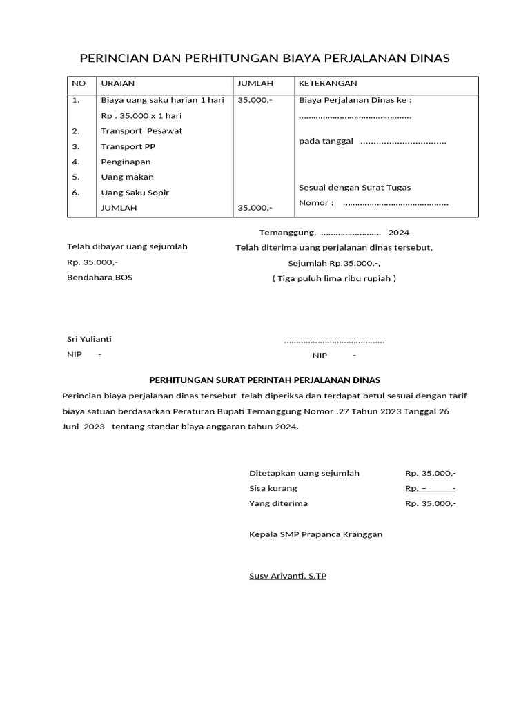 Biaya Perjalanan Dinas Temanggung 2024 | PDF