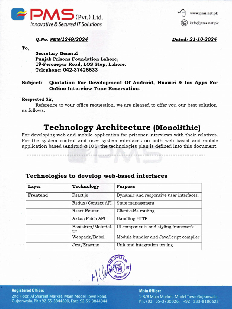 PMS Quotation PPFL - 241031 - 004342 | PDF | Mobile App | Postgre Sql