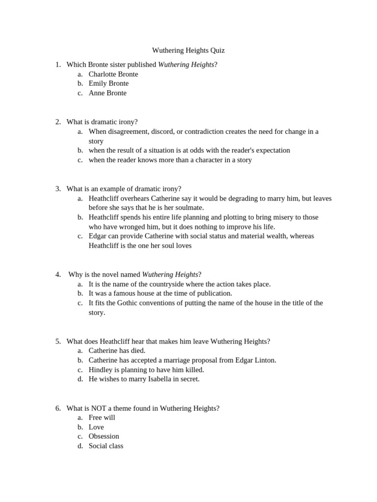Wuthering Heights Literary Quiz | PDF