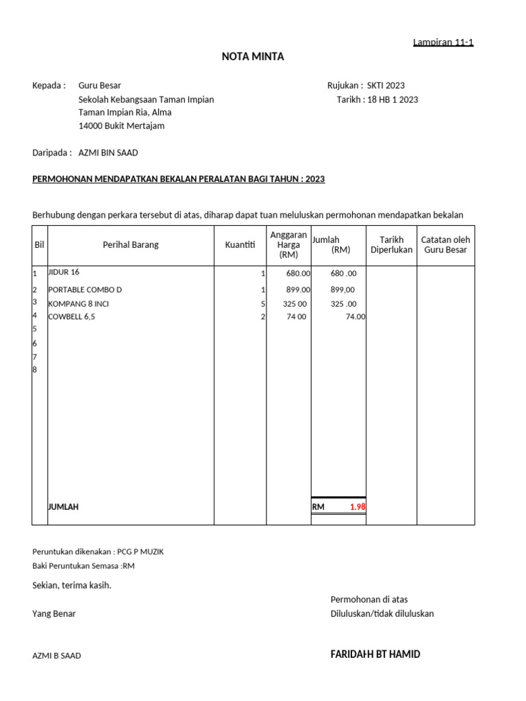 Nota Minta Panitia Muzik | PDF